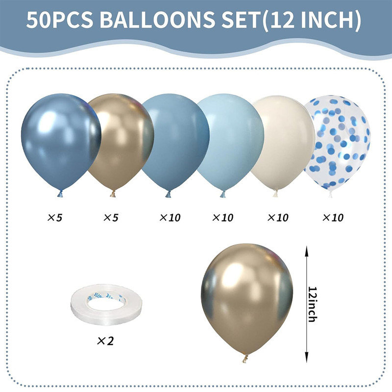 The Party Aisle™ Dusty Blue Gold Balloons, 50Pcs 12 Inchs Blue and White Metallic Gold Confetti ...